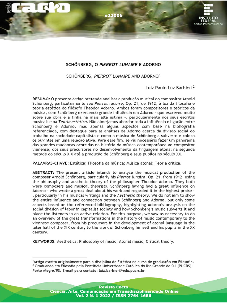 Vista Do Schönberg, o Pierrot Lunaire e Adorno | PDF