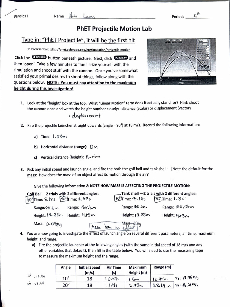 PhET Projectile Motion Lab Revised | PDF | Mechanics | Classical Mechanics