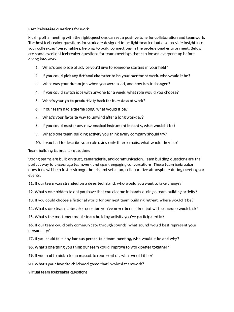 Best Icebreaker Questions For Work | PDF