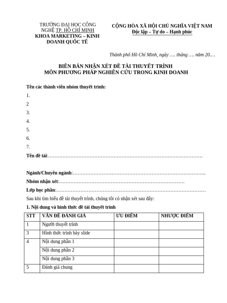 Bien Ban Nhan Xet de Tai Thuyet Trinh | PDF