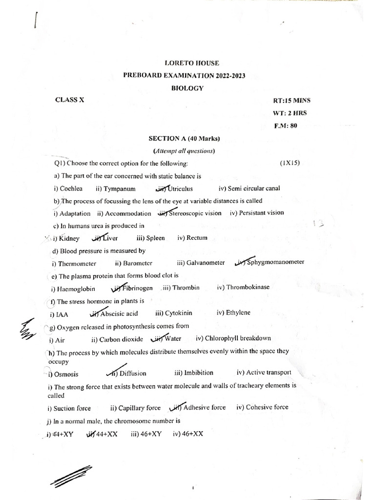 Loreto House Biology Pre Board | PDF