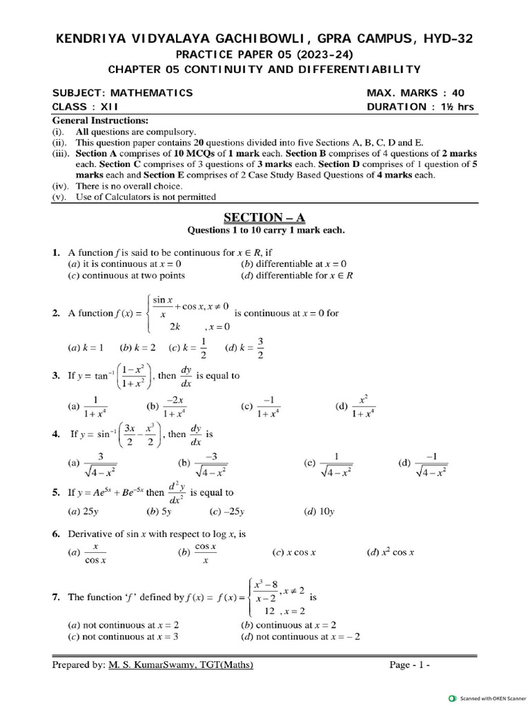 Maths Class Xii Chapter 05 Continuity and Differentiability Practice ...