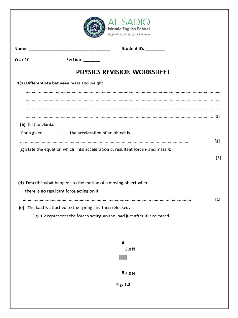 Revision Worksheet Year 10 First Term | PDF | Collision | Momentum
