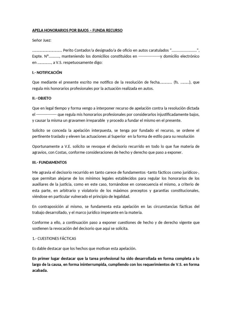 Escrito Apela Regulación de Honorarios Por Debajo Del Mínimo. Fundado ...