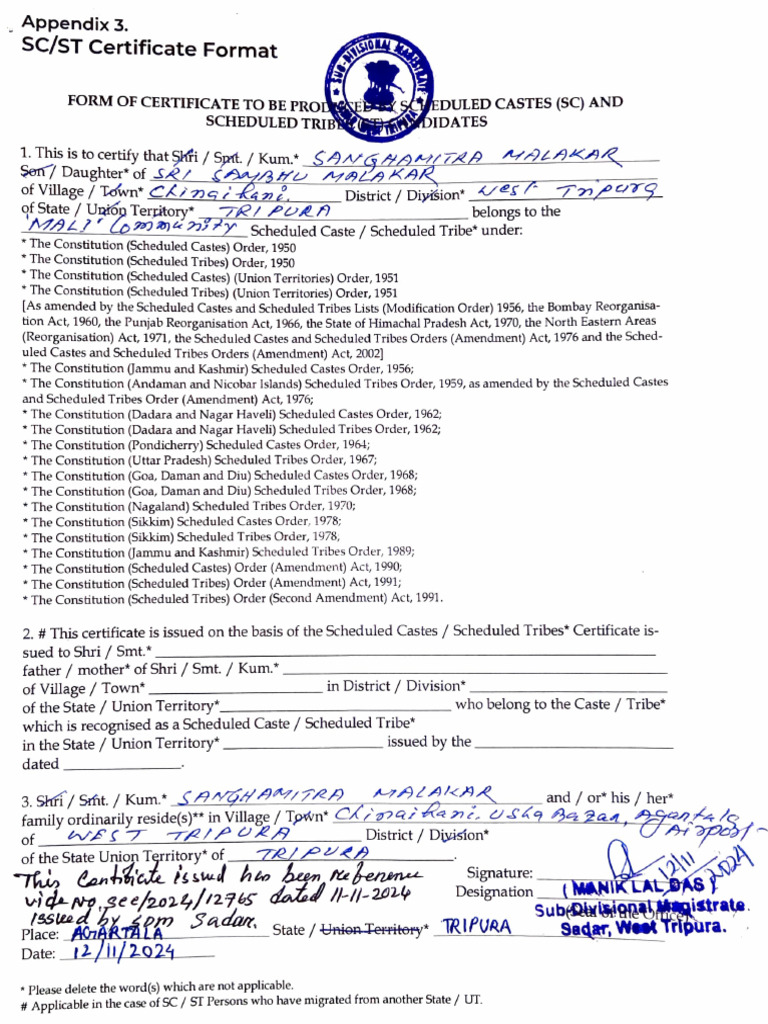 SC/ST Caste Certificate Format Guide | PDF | Government Of India ...