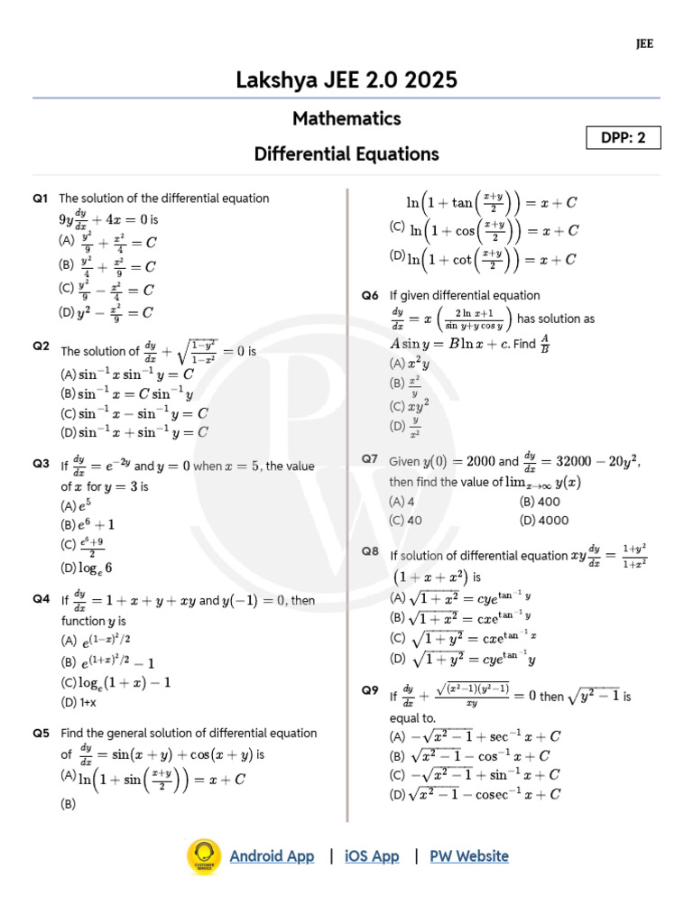 Differential Equations _ DPP 02 __ Lakshya JEE 2.0 2025 | PDF | Radius | Mathematical Objects