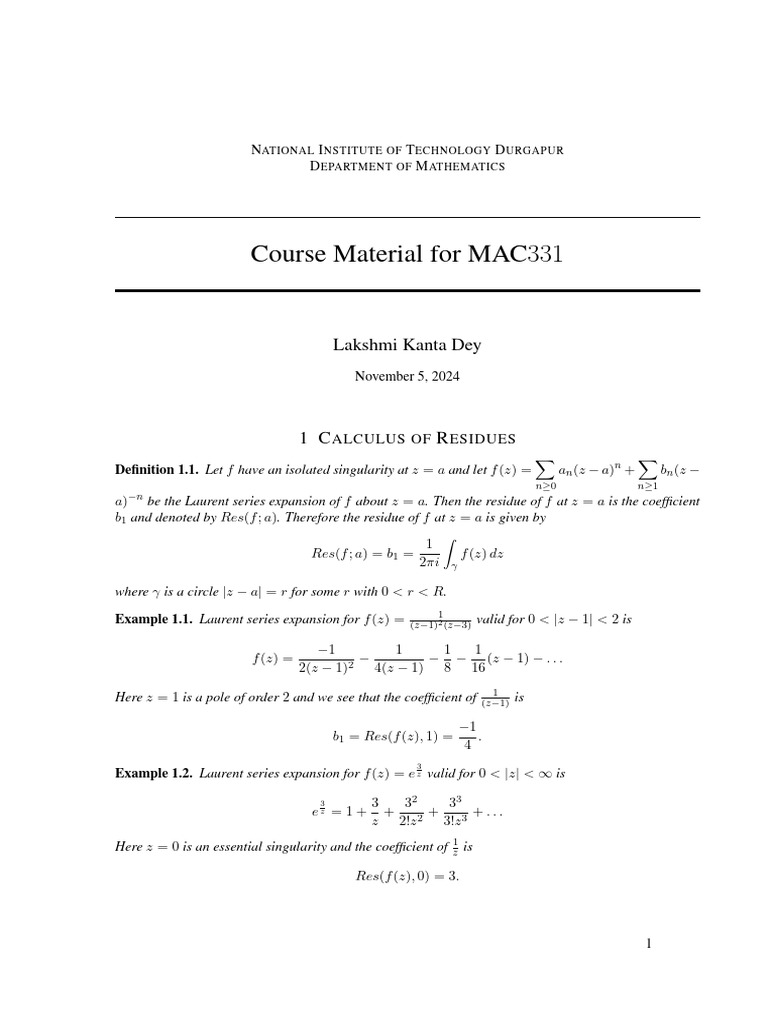 Course Materials For MAC331 - Residue Theorem - 24-25 | PDF | Complex Analysis | Mathematical ...