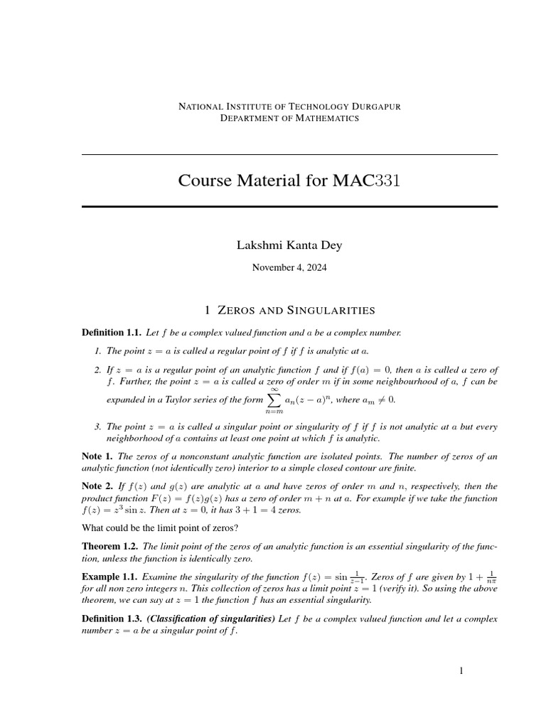 Course Materials for MAC331_Singularities | PDF | Function (Mathematics) | Complex Analysis