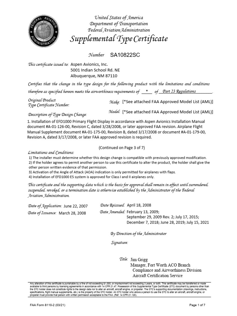 FAA Supplemental Type Certificate STC SA10822SC | PDF | Federal ...