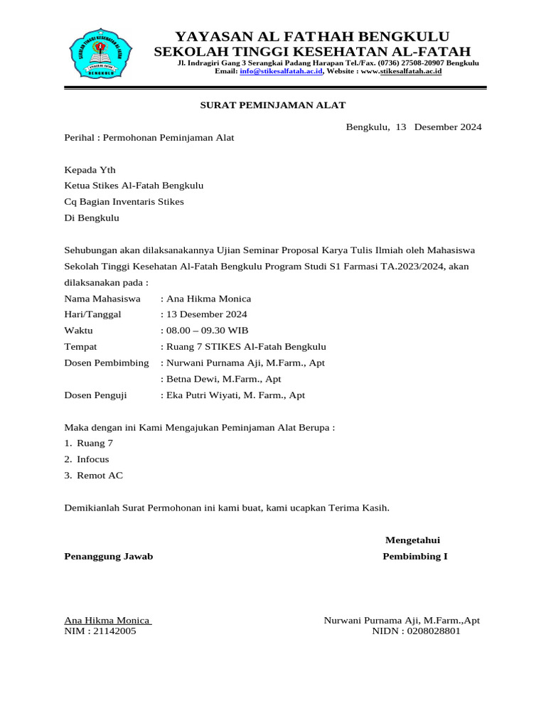 Surat Peminjaman Alat Ade | PDF