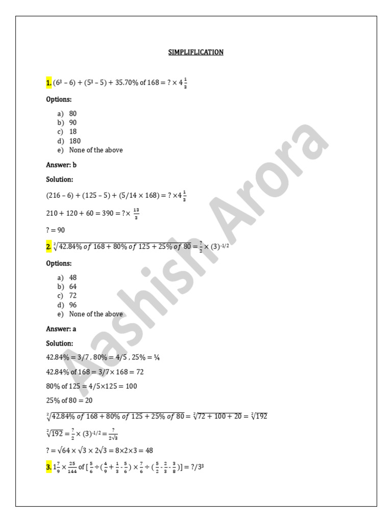 50 Simplification Questions Handpicked Pdf By Aashish Arora Pdf Mathematics Mathematical