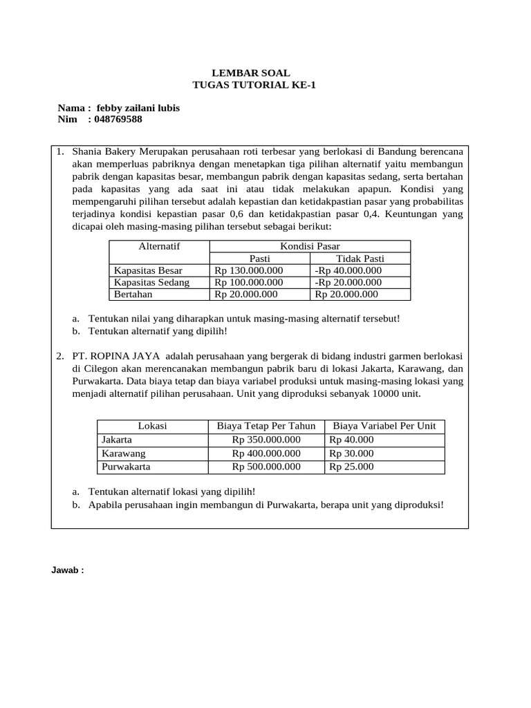 Soal Tugas 1 - EKMA4215 | PDF