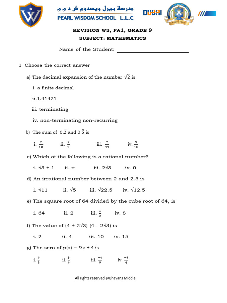 Pa1 G9 Revision Worksheet | PDF | Numbers | Factorization