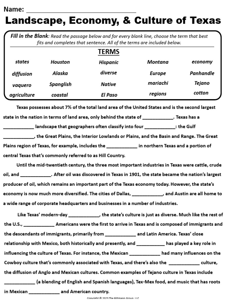 History, Cultural Patterns, & Landscapes of Texas WS | PDF | Texas ...