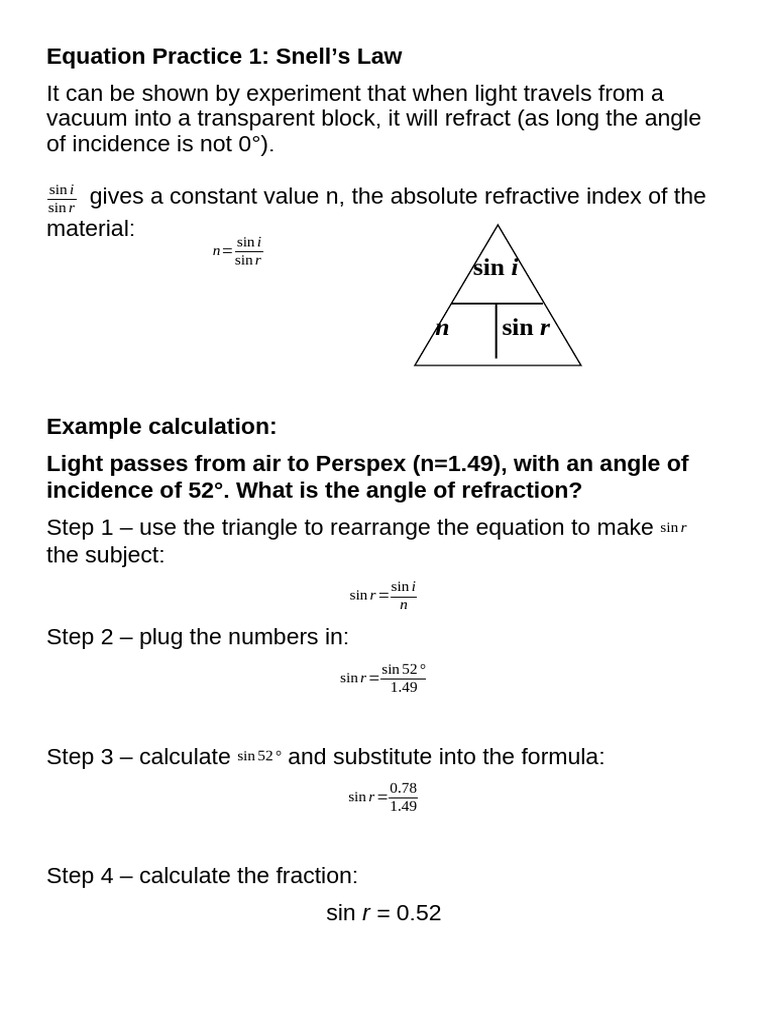 Snell's Law Equation Practice Guide | PDF