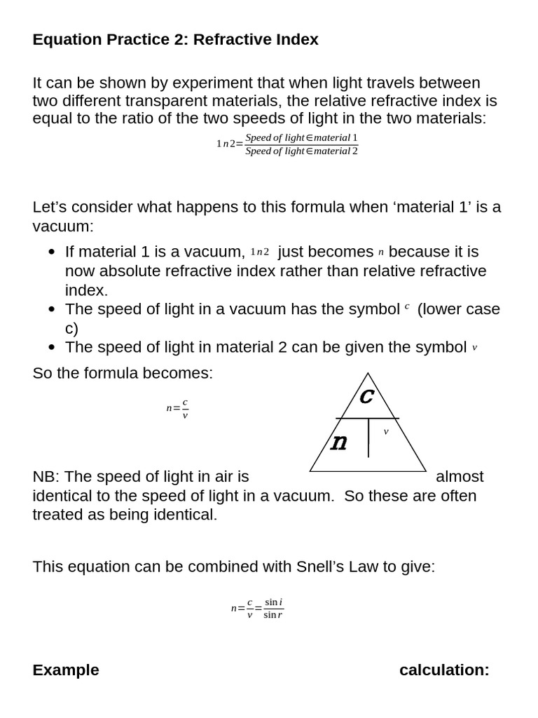 Equation Practice 2 Refractive Index | PDF | Refraction | Refractive Index
