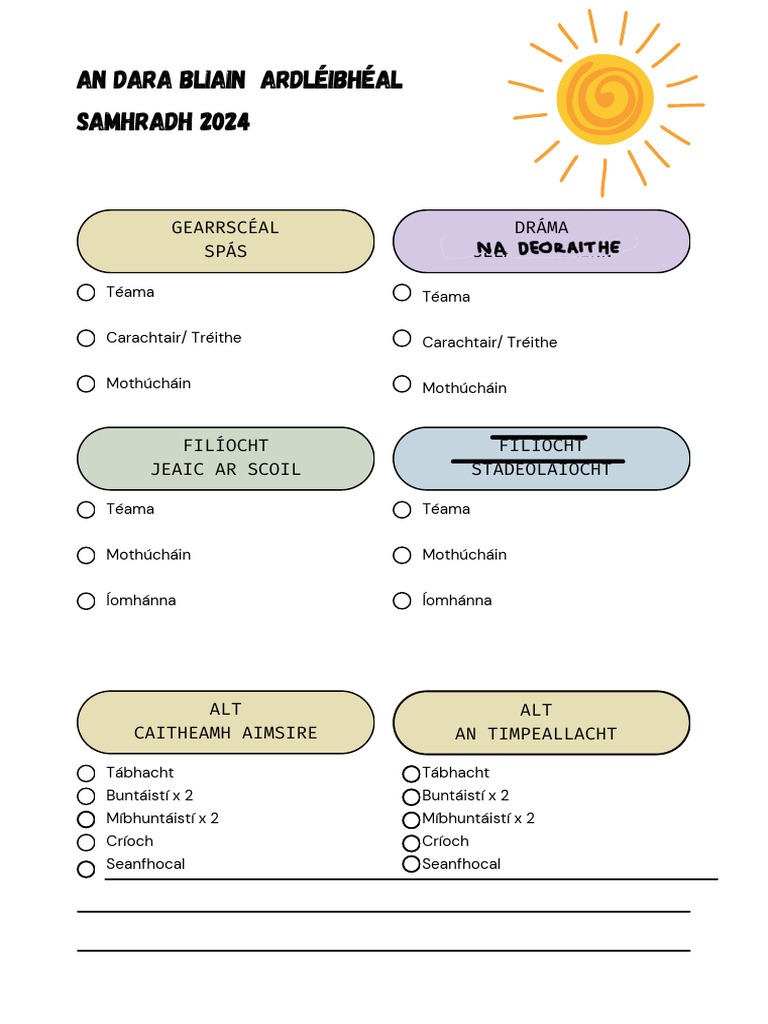 Irish - Study Sheet (2nd Year) | PDF