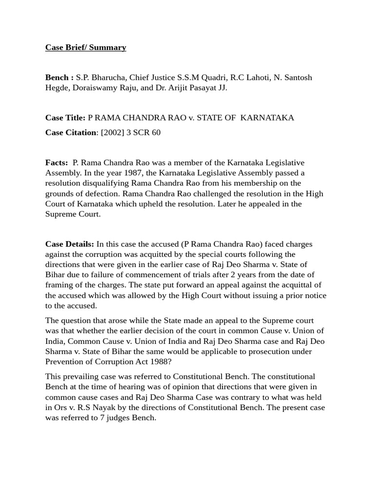 Manisha Shishodia Case Brief P Rama Chandra Rao V State of Karnataka ...