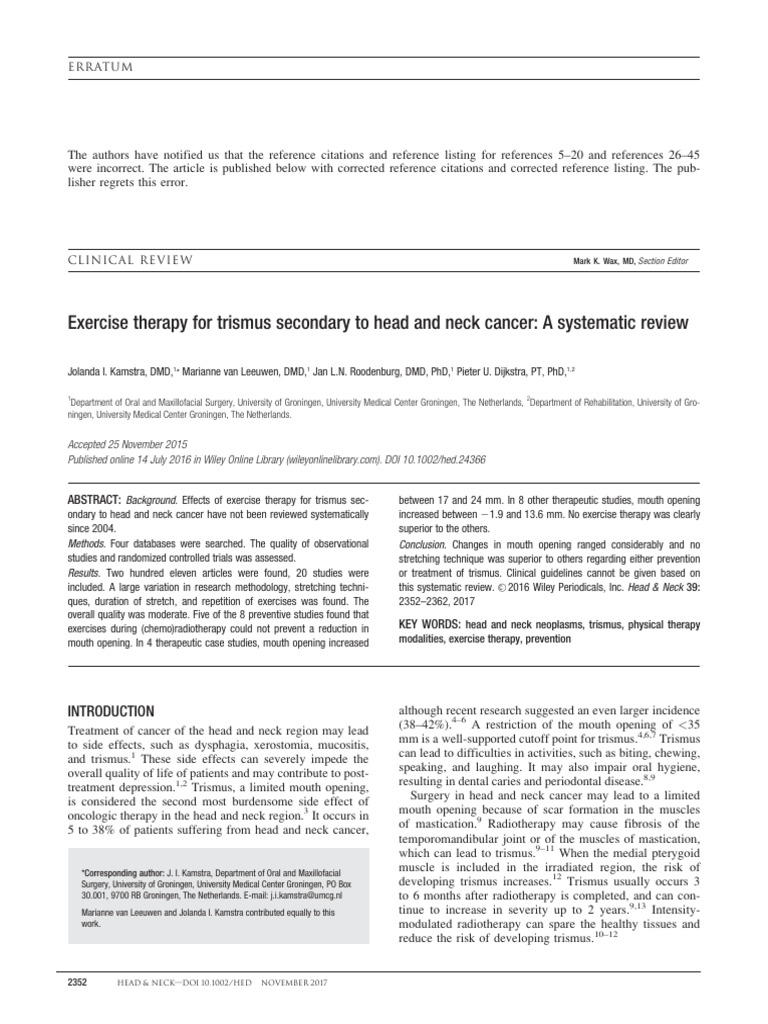 Head Neck - 2017 - Kamstra - Exercise Therapy For Trismus Secondary To ...