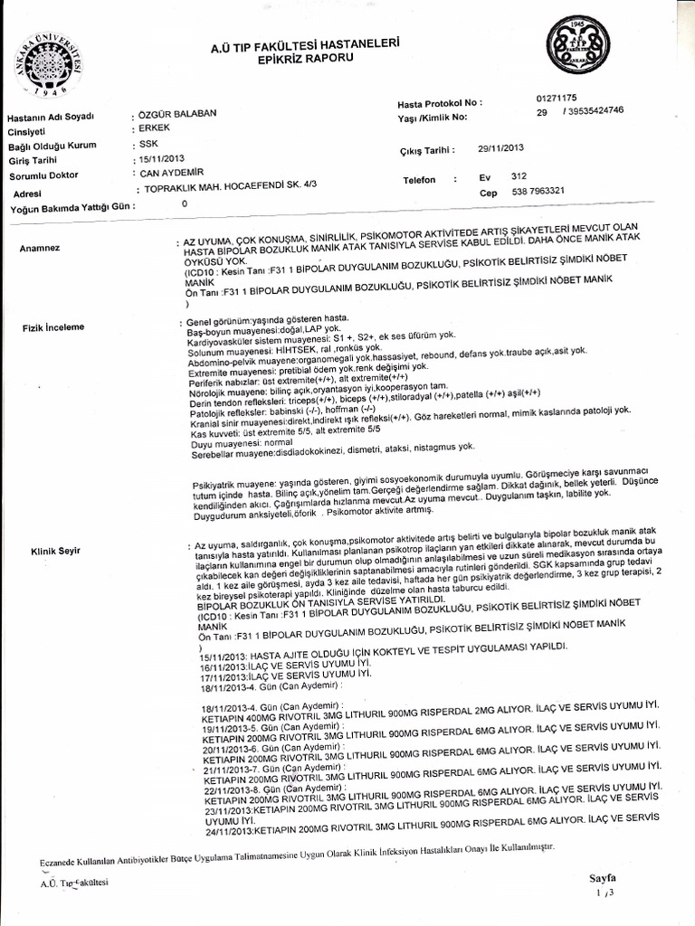 2013 Kasim Ayi Yatiş Epi̇kri̇zi̇ 1. Sayfa | PDF