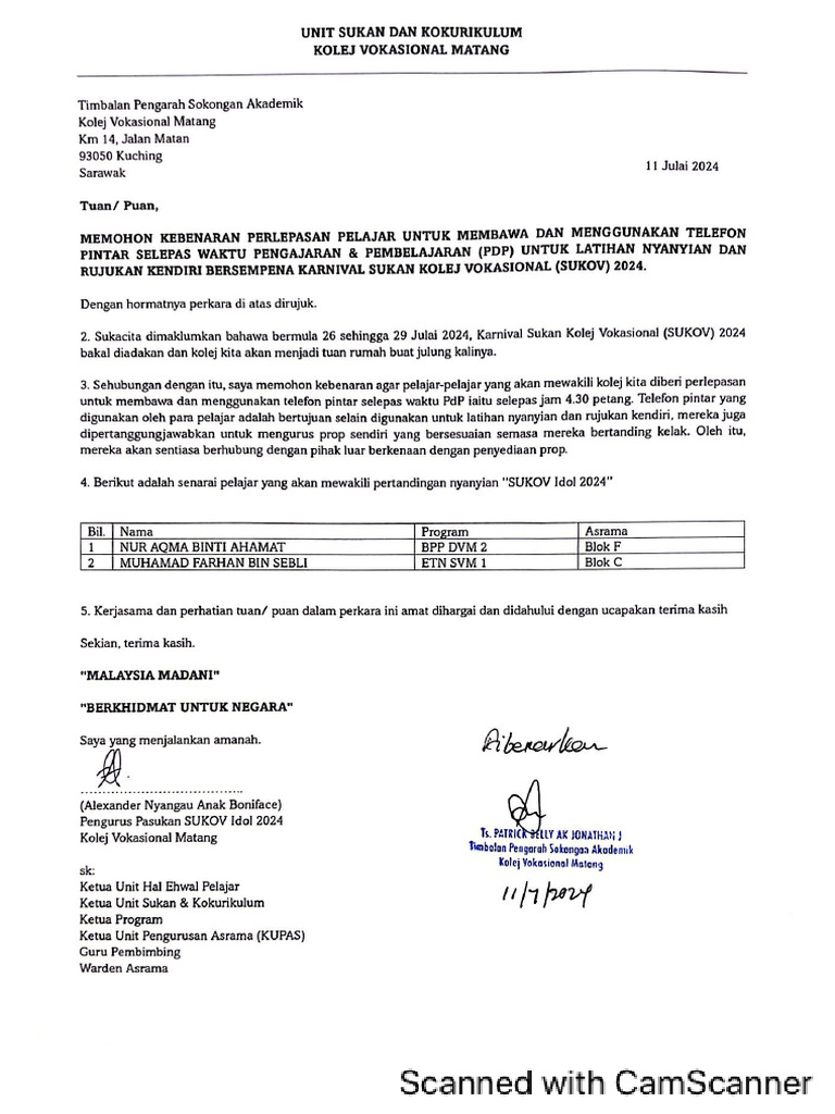 Surat Permakluman Kebenaran Membawa Telefon Pintar Pdf