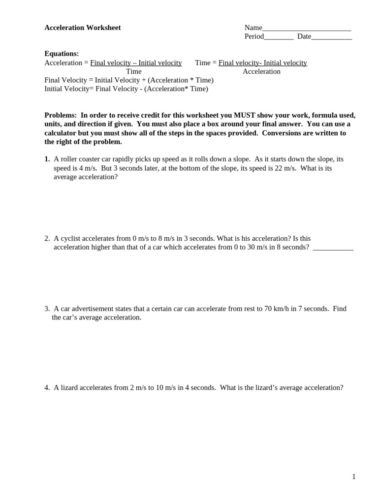 Acceleration Worksheet | PDF | Acceleration | Speed