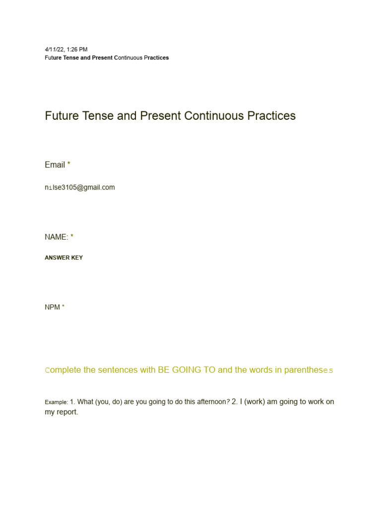 Elementary - Future Tense and Present Continuous Practice - Answer Key ...