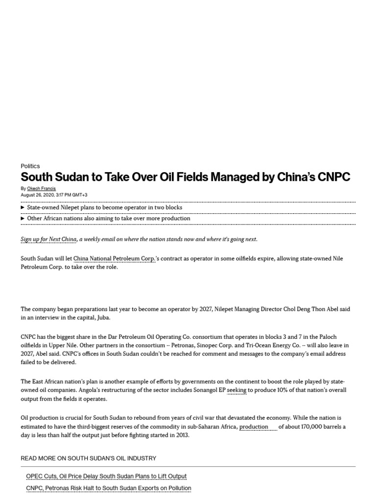 Africa and China - South Sudan To Take Over Operation of Oil Fields Run ...