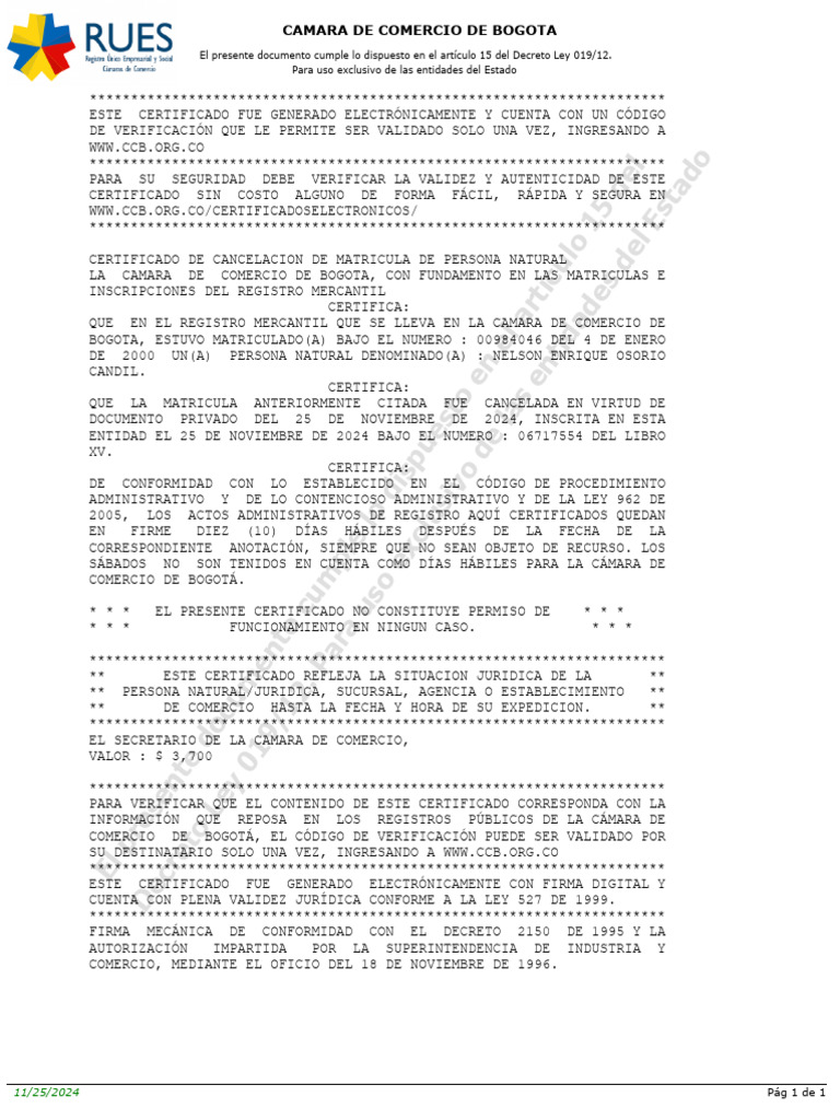 Certificado de Cancelación de Matrícula | PDF