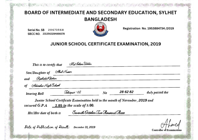 Md Islam Uddin JSC Certificate | PDF