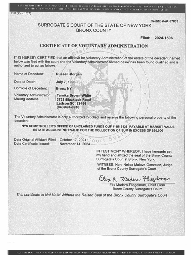 Certificate of Voluntary Administration For Stock That Belonged To ...