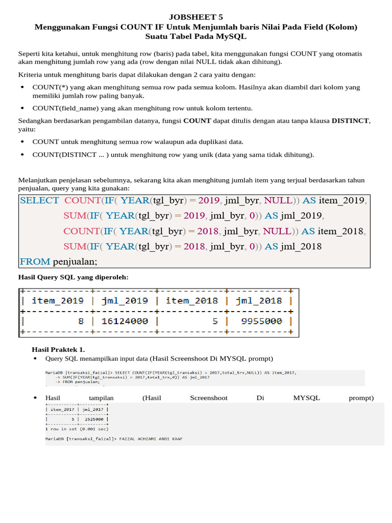 Jobsheet 5 - Menghitung Jumlah Baris Pada Field Suatu Tabel (Count IF) | PDF