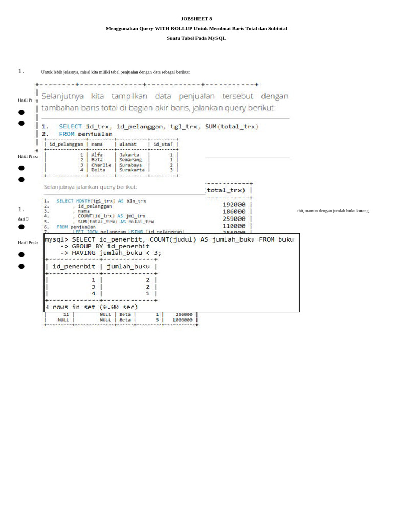 Jobsheet 8 - Penjumlahan Nilai (WITH ROLLUP) | PDF