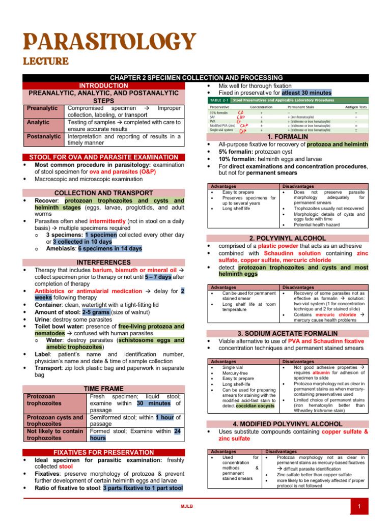 PARASITOLOGY-CHAPTER 2 SPECIMEN COLLECTION AND PROCESSING | PDF ...