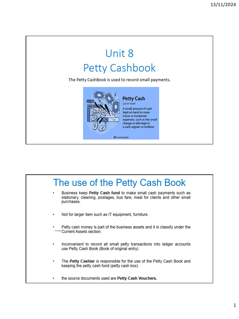 Petty Cash Book Management Guide | PDF | Debits And Credits | Cheque
