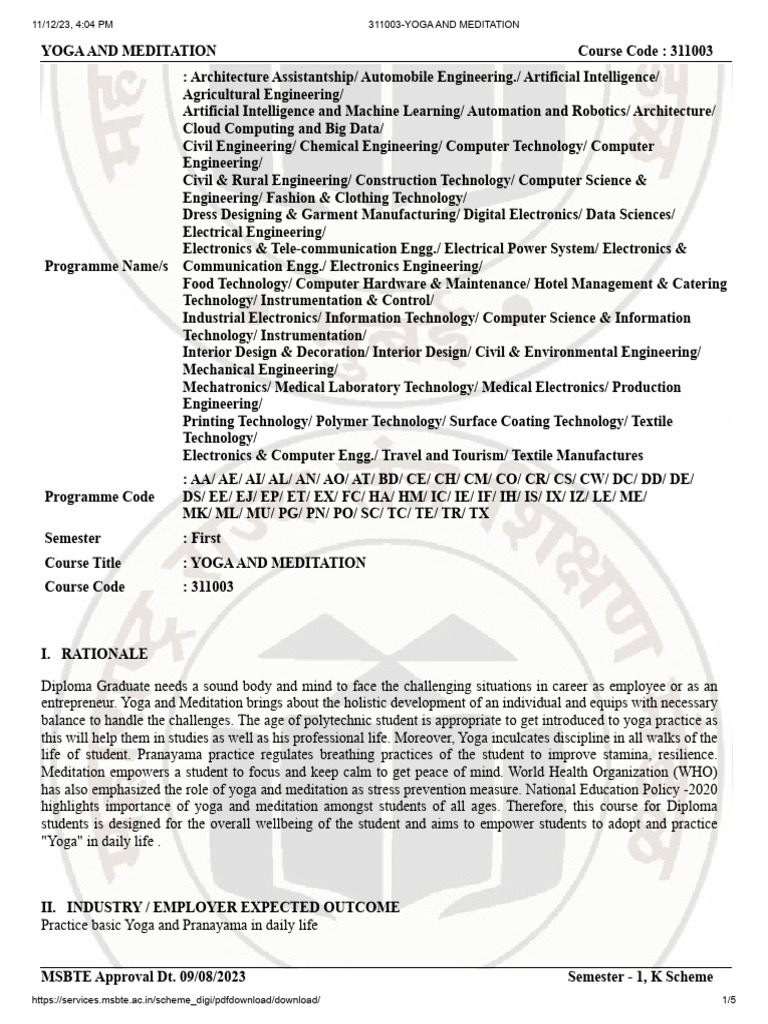 Yoga & Meditation Course Overview | PDF | Meditation | Yoga