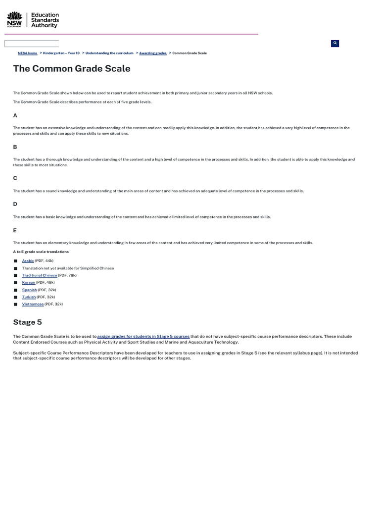 NSW Common Grade Scale Overview | PDF