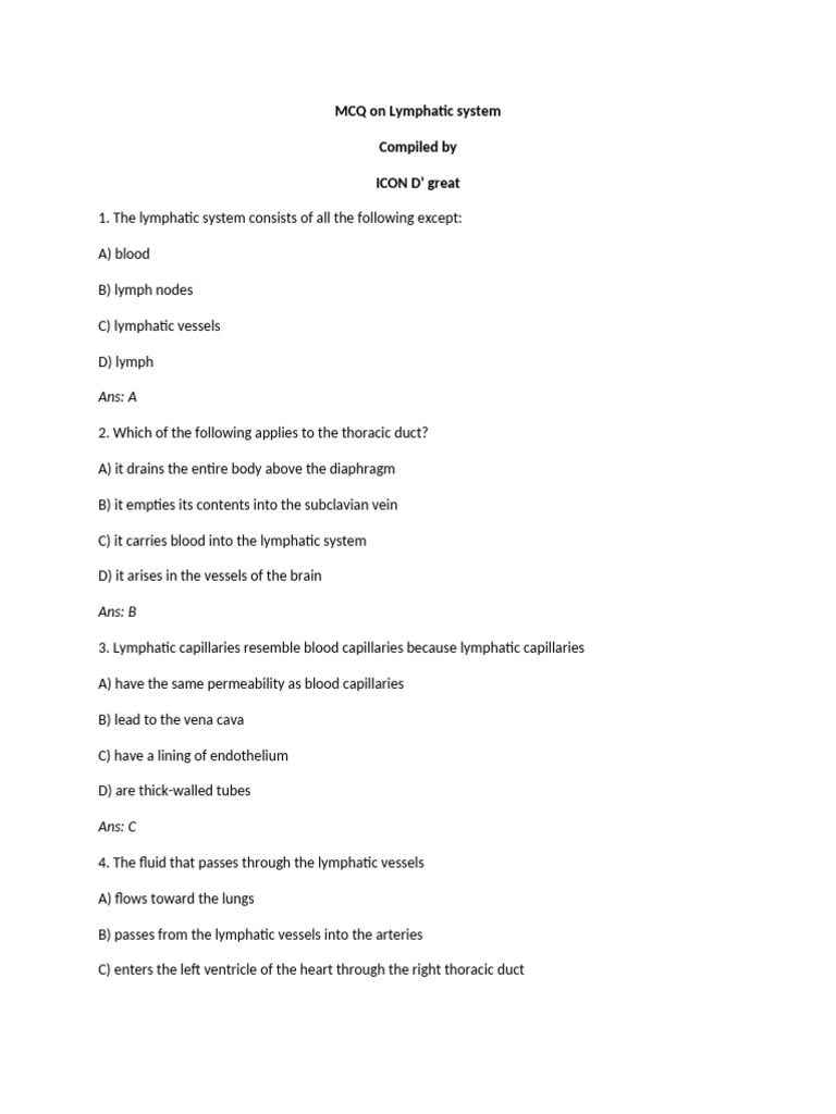 Lymphatic System MCQs | PDF | Lymphatic System | Lymph