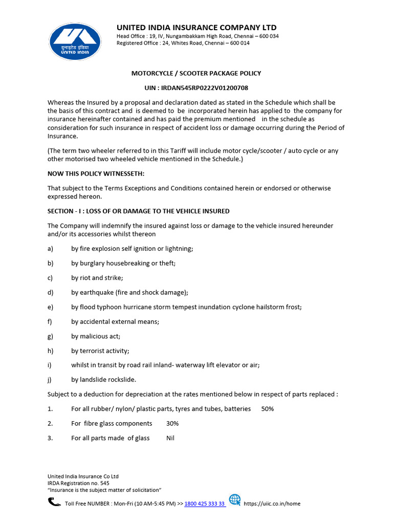 United India Motorcycle Insurance Policy | PDF | Indemnity | Insurance