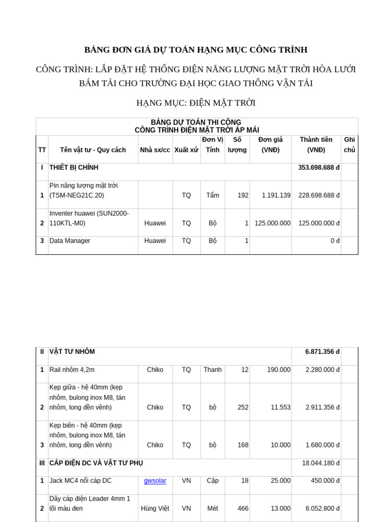 B NG Đơn Giá D Toán H NG M C Công Trình | PDF