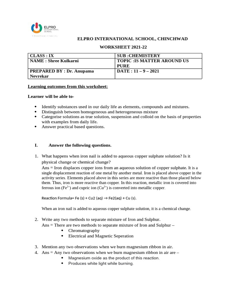 Shree Kulkarni Class - 9 Chemistry Practicals Revision Worksheet | PDF ...