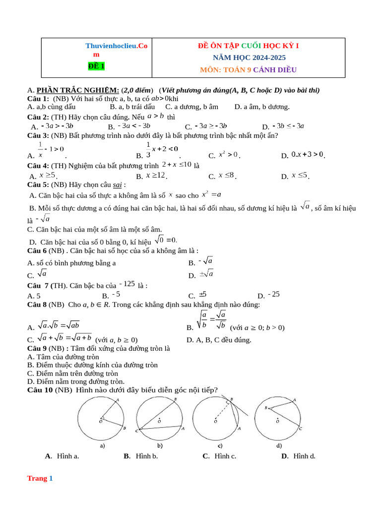 thuvienhoclieu.com-10-De-on-tap-cuoi-HK1-Toan-9-Canh-dieu | PDF