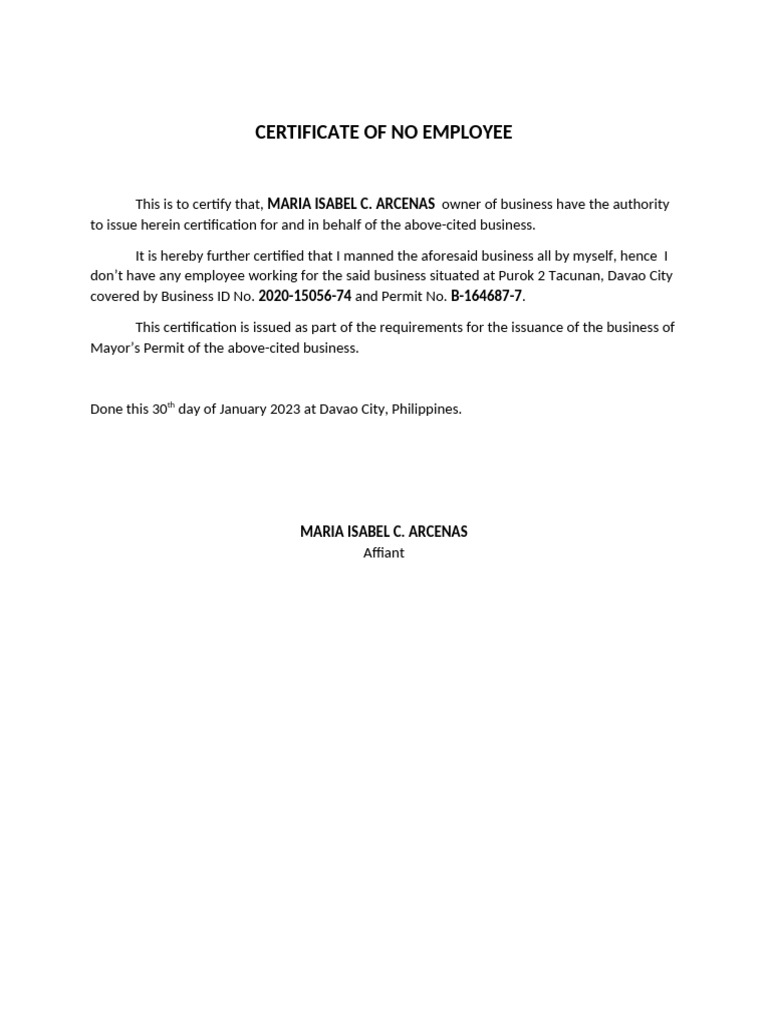 Certificate of No Employee | PDF