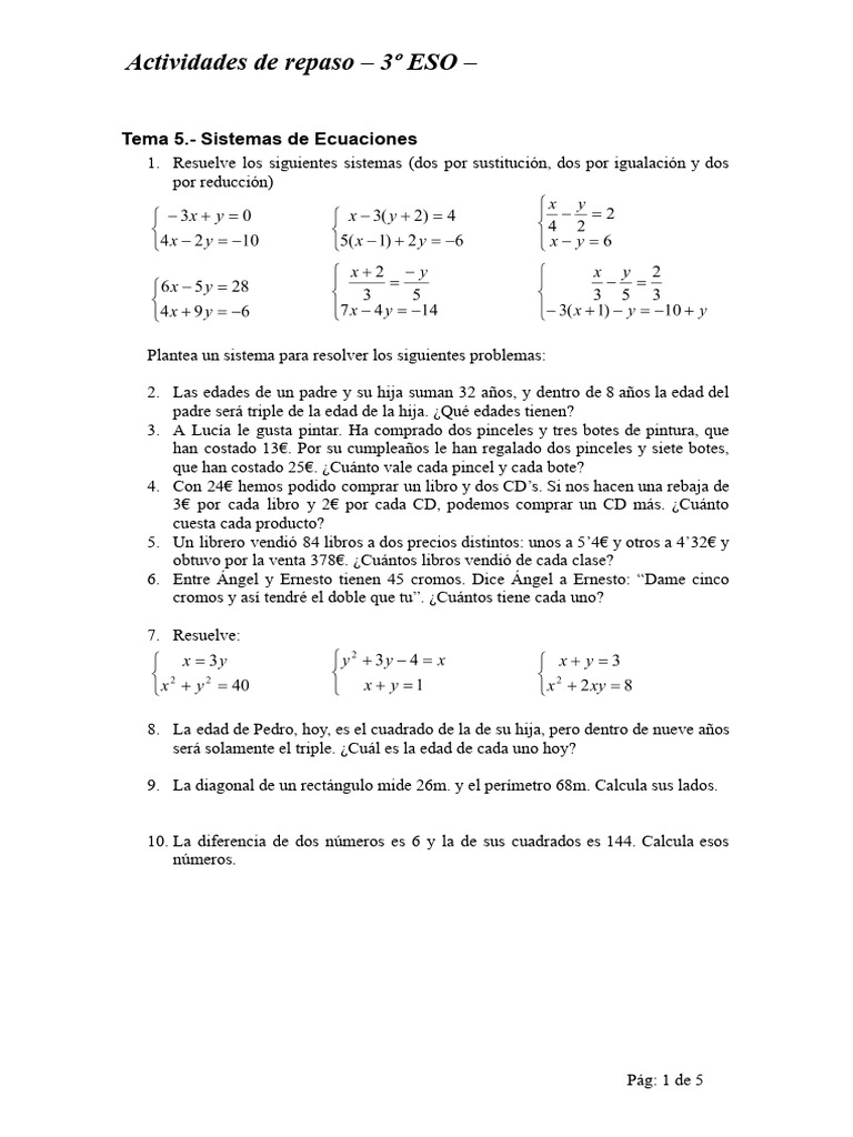 Actividades-De-Repaso MAT - 3 - Eso - 2 - 1015-1016 | PDF | Pendiente | Matemáticas