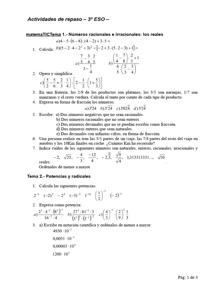 Actividades-De-Repaso MATEM - 3 - Eso - 1 - 2015-2016 | PDF | Número ...