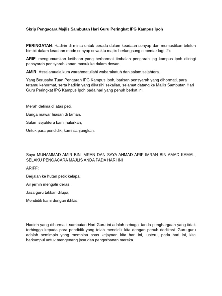Skrip Pengacara Majlis Sambutan Hari Guru Peringkat IPG Kampus Ipoh | PDF