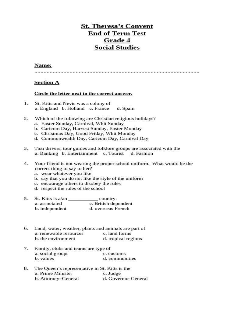 Grade 4 Social Studies Test - St. Kitts | PDF
