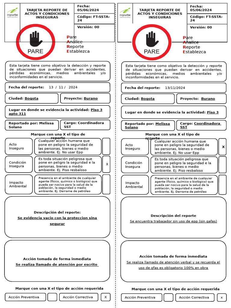 Tarjeta Reporte de Actos y Condiciones Inseguras | PDF