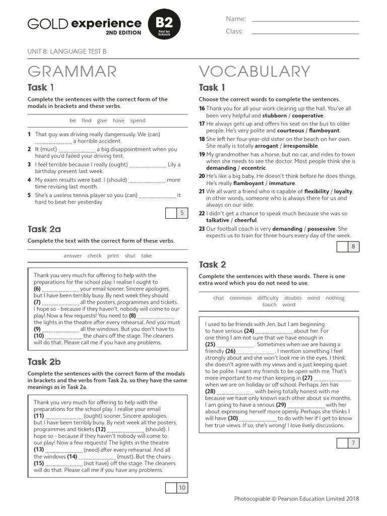 Gold Exp B2 U8 Lang Test B | PDF