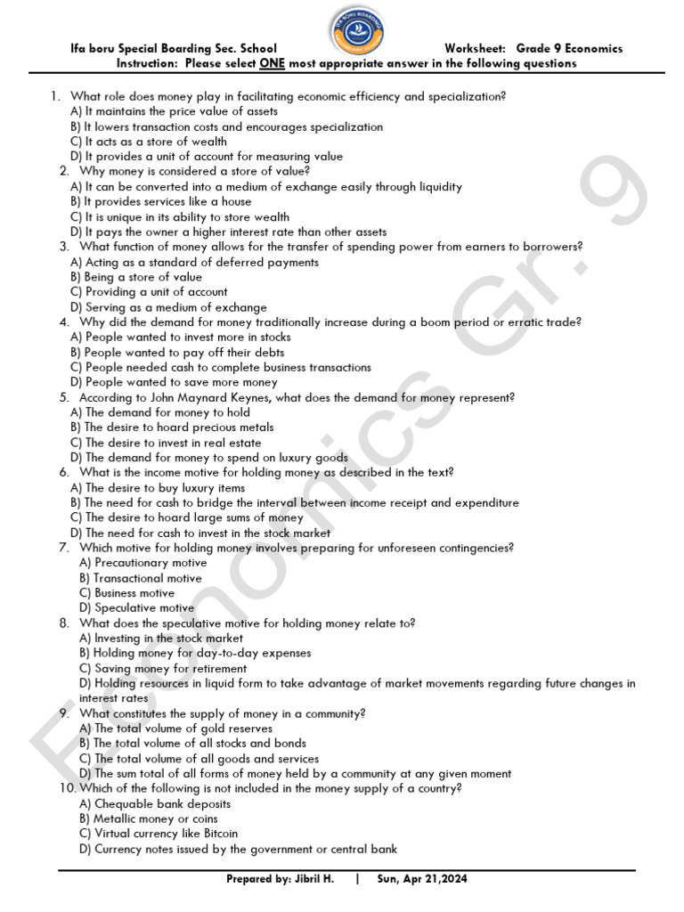 9 Eco - Worksheet (1) | PDF | Gross Domestic Product | Unemployment